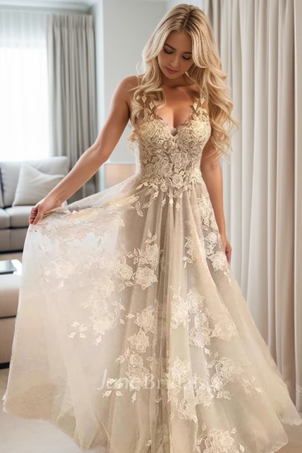 Romantic V-neck Sleeveless Ethereal Illusion Straps Floor-length Lace ...